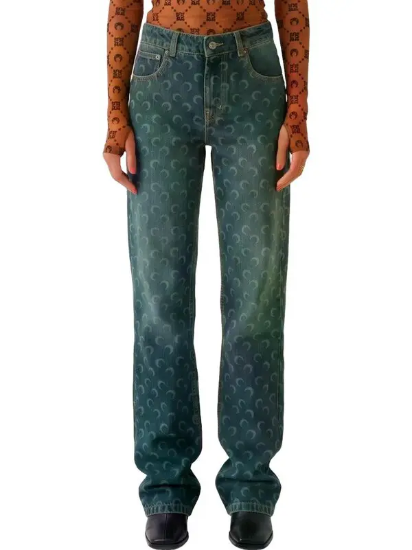 MARINE SERRE Moon Laser Dark Wash Denim Straight Jeans - Blue