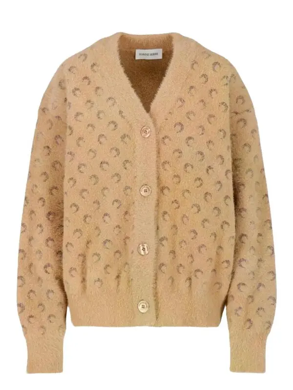 MARINE SERRE Fluffy Moon Jacquard Knit Long Sleeves Cardigan - Neutrals