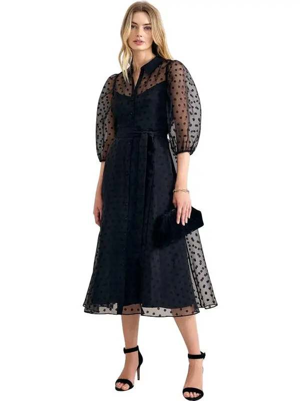 PHASE EIGHT Agatha Sheer Sleeve Belted Shirt Dress - Black