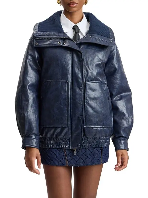 Avec Les Filles Wide Collar Oversized Padded Faux Leather Bomber Jacket - Prussian
