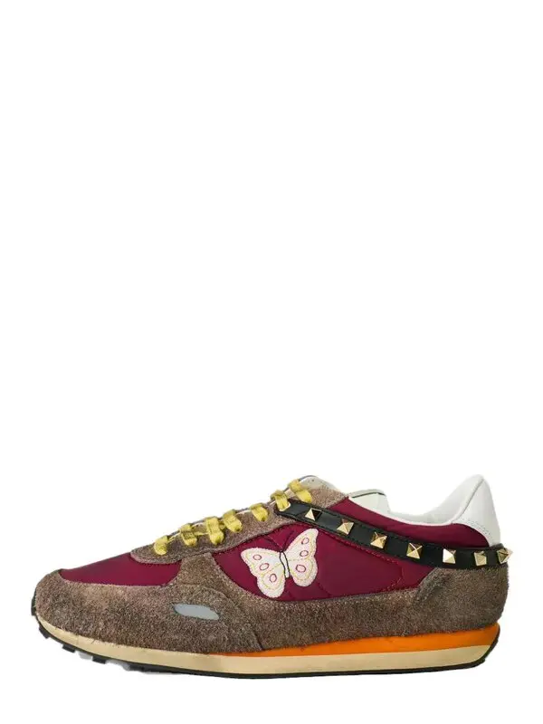 Valentino Garavani Stud Up Sneaker In Split Leather And Nylon With Butterfly Embroidery - Red