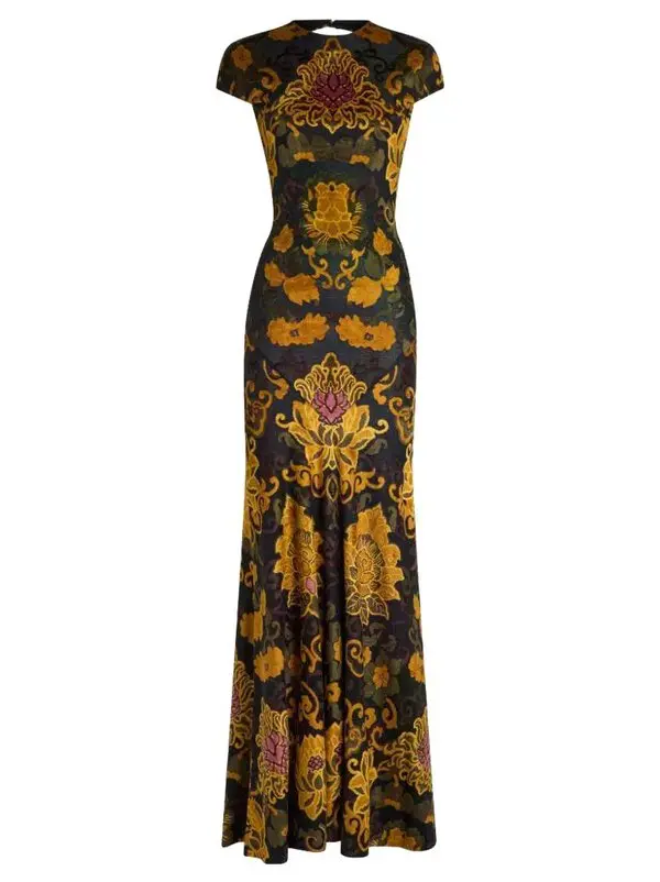 Etro Long Jacquard Dress With Chenille Floral-motif - Black