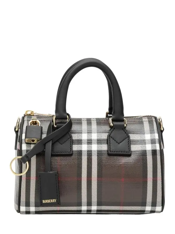 Burberry Mini Bowling Bag In Check Cotton With Double Leather Handle - Brown