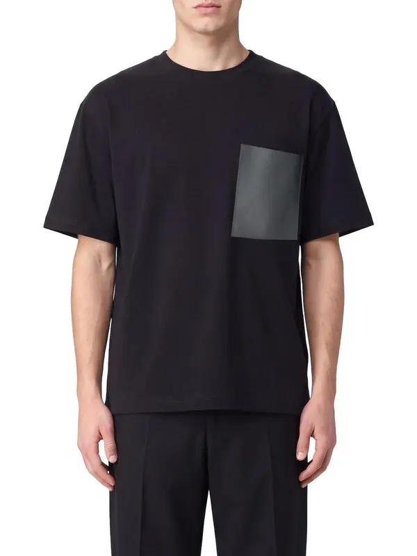 Bottega Veneta Cotton Crewneck T-shirt With Pocket And Leather Inserts - Jet Black