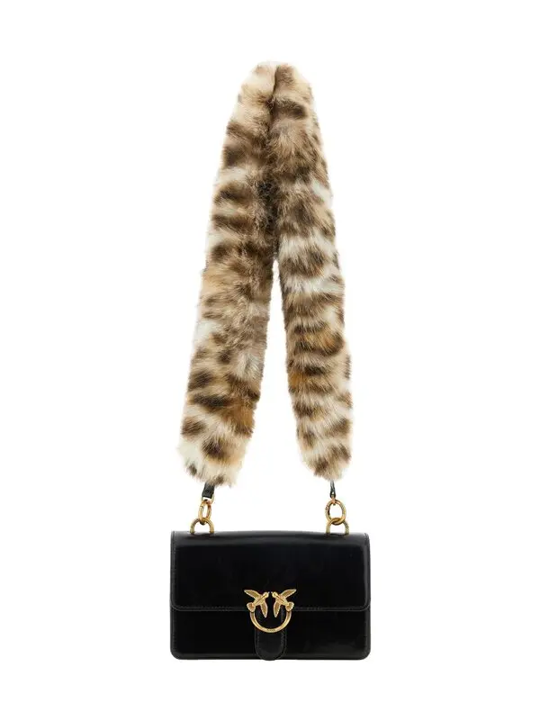 Pinko Mini Love One Crossbody Bag In Faux Fur With Animalier Print - Black