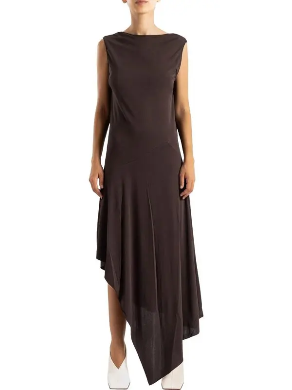 Alaïa Sleeveless Asymmetrical Midi Dress In Viscose With A U-neckline - Brown