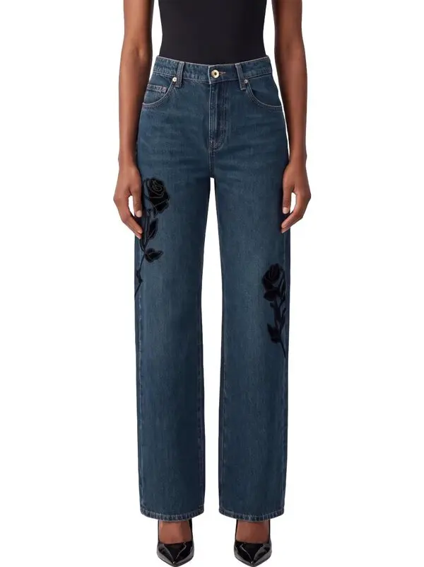 Blumarine Floral Print Cotton Denim Wide Leg Jeans - Blue