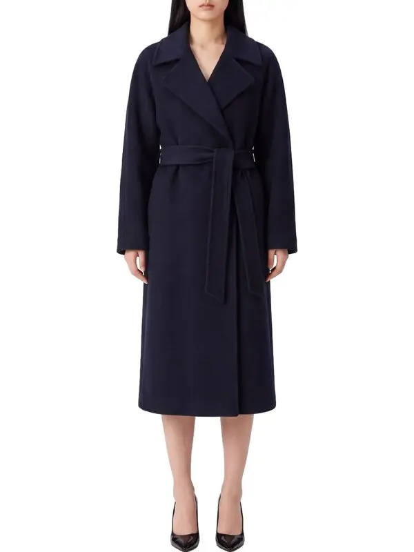 Soeur Wool Blend Long Robe Coat With Belt - Navy