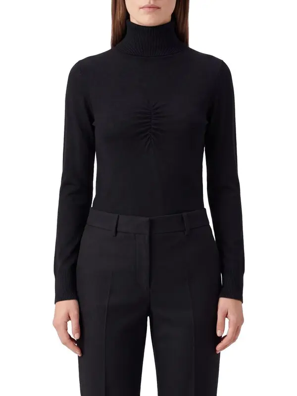 SOLOTRE Slim Fit Wool Turtleneck Jumper With Ribbed Trims - Black
