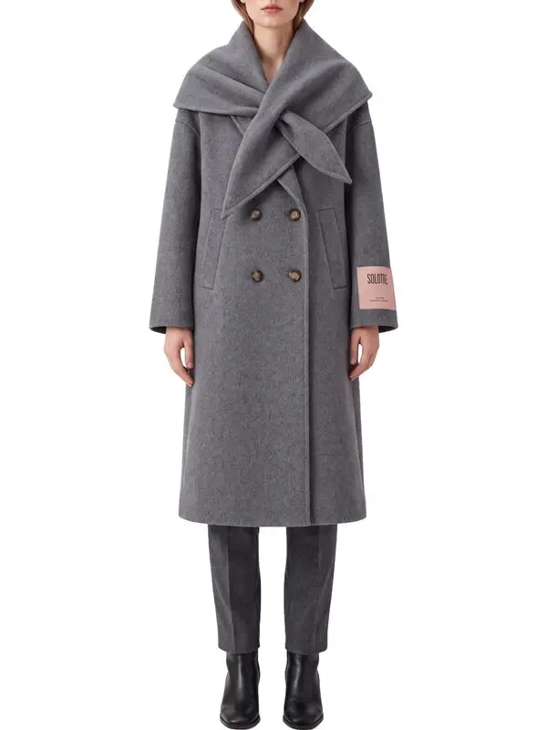 SOLOTRE Wool And Cashmere Double-breasted Long Coat With Shawl Collar - Grey