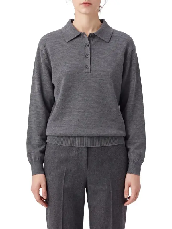 SOLOTRE Long-sleeved Wool Knit Polo Shirt With Ribbed Collar - Grey