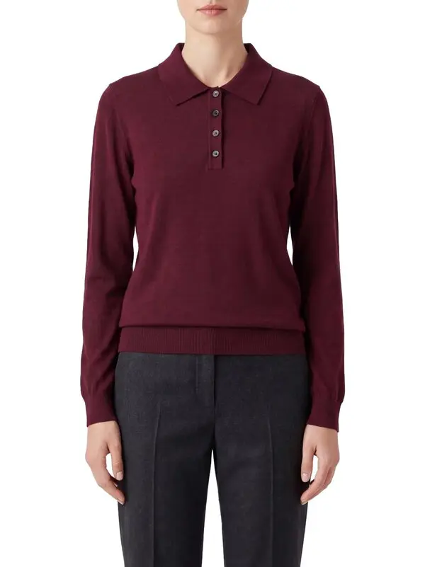 SOLOTRE Long-sleeved Wool Knit Polo Shirt With Ribbed Collar - Wine