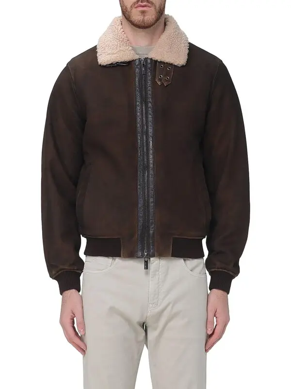 HESKIMO Padded Suede Leather Bomber Jacket With Fur Collar - Brown