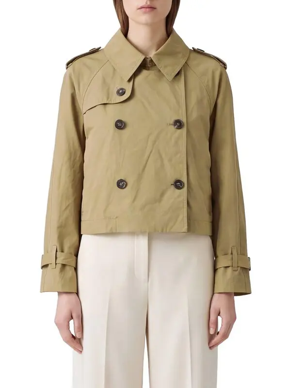 Paloma Wool Double-breasted Cropped Trench Coat In Cotton Blend With Epaulettes - Camel
