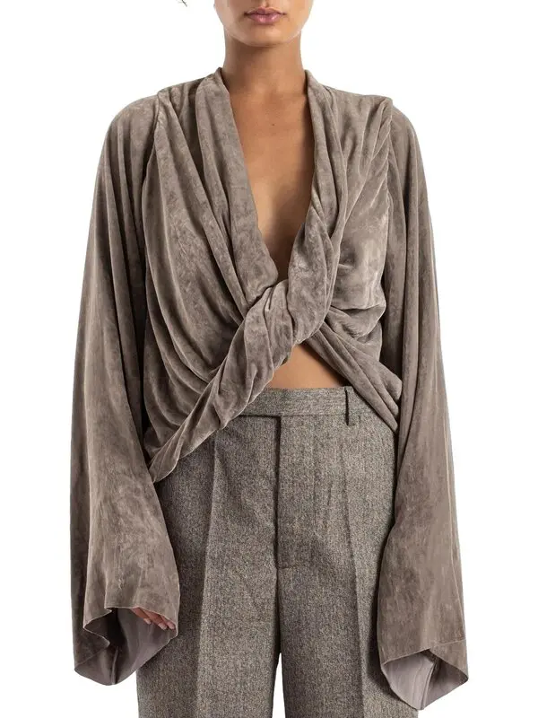 Rick Owens Draped Cropped V-neck Top In A Silk Blend With An Asymmetric Hem - Grey