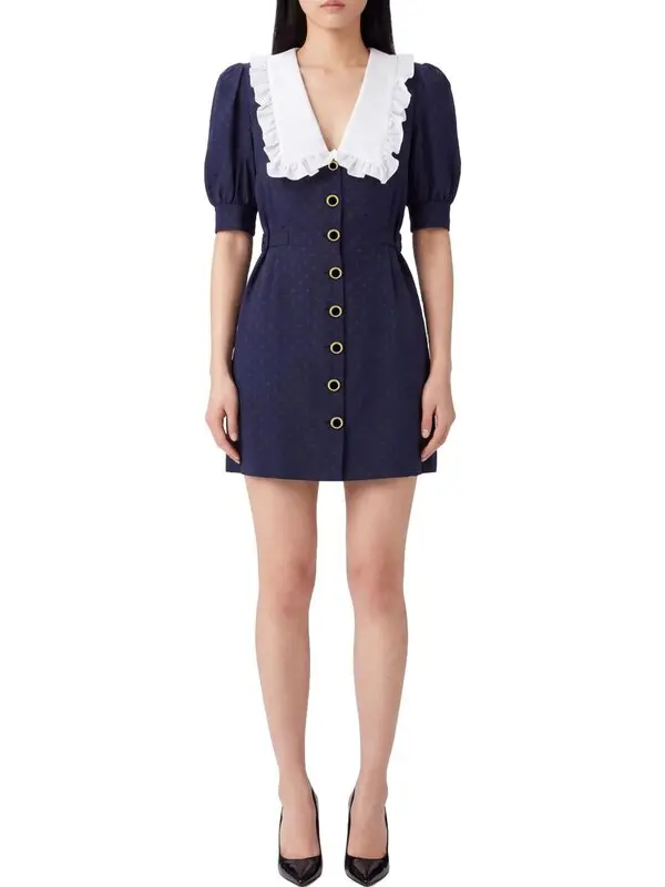 Alessandra Rich Silk Chemisier Mini Dress With Ruffled Collar - Navy