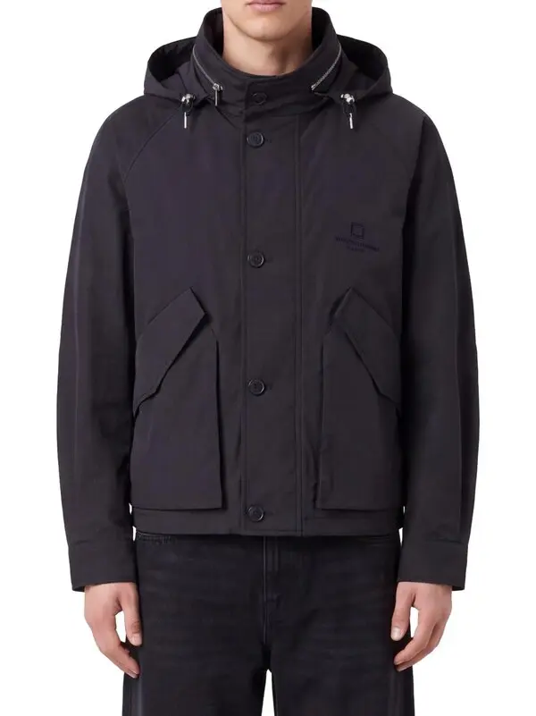 WOOYOUNGMI Hooded Windbreaker Jacket With A High Neck And Button Closure - Black