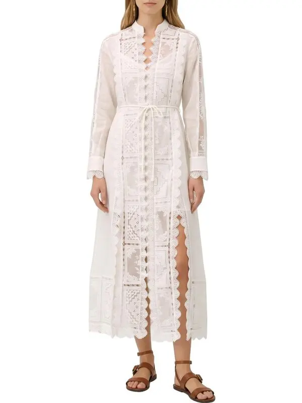Zimmermann Aster Midi Caftan In Ramie With Mandarin Collar And Lace Inserts - Ivory