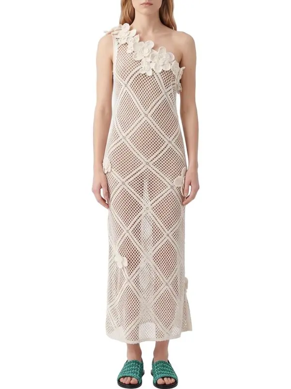 JW Anderson One-shoulder Crochet Midi Dress In Cotton With Flower Appliqu - Lime