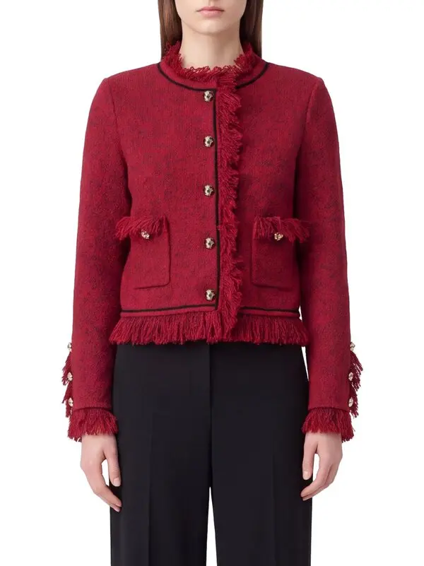 SELF-PORTRAIT Short Fringed-trim Blazer In A Wool And Cotton Blend - Red