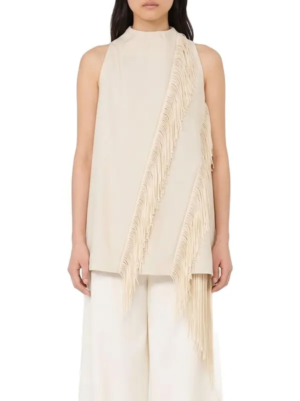 Sportmax Halterneck Cotton Top With Fringes And Asymmetrical Hem - Ecru