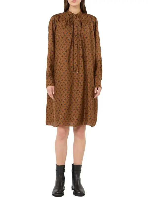 Max Mara Monogram Print Silk Mini Shirt Dress With Mandarin Collar - Black