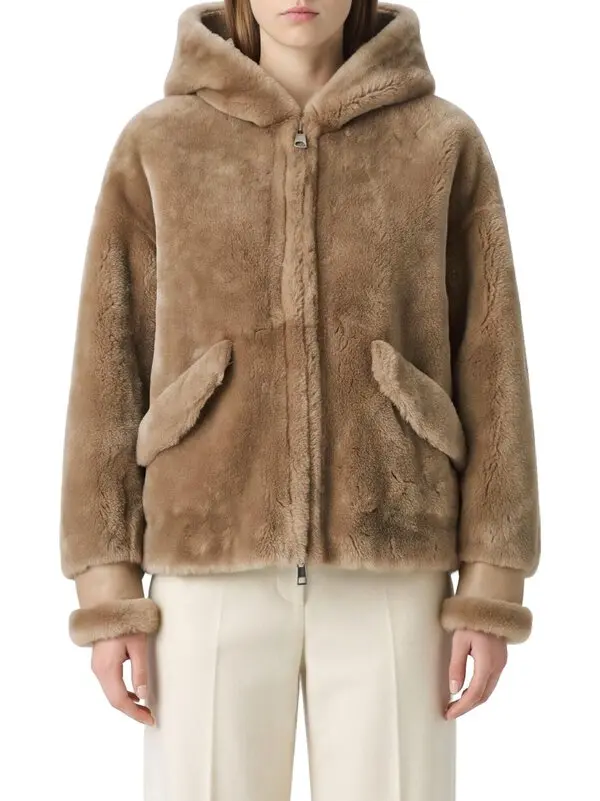 BLANCHA Short Hooded Shearling Jacket With Zip Closure - Beige