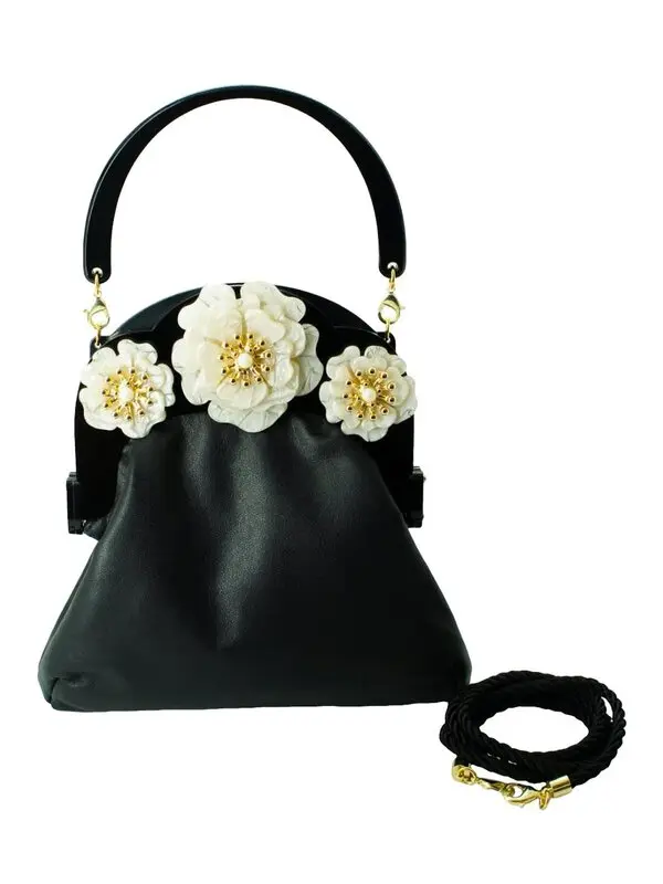 GISSA BICALHO Neutrals Handmade Acrylic Bag Three Camellias - Black