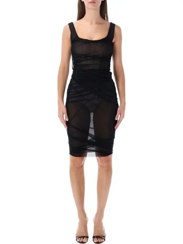 Attico Sheer Mesh Ruched Bodycon Dress - Nero
