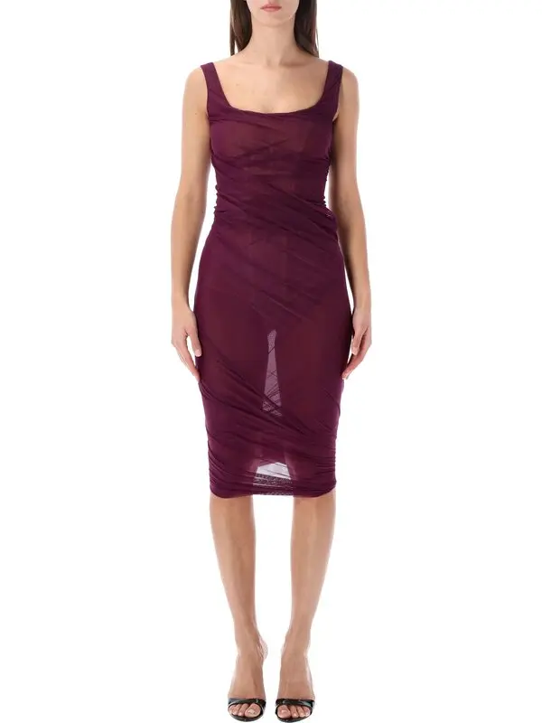 Attico Sheer Ruched Sleeveless Midi Dress - Plum