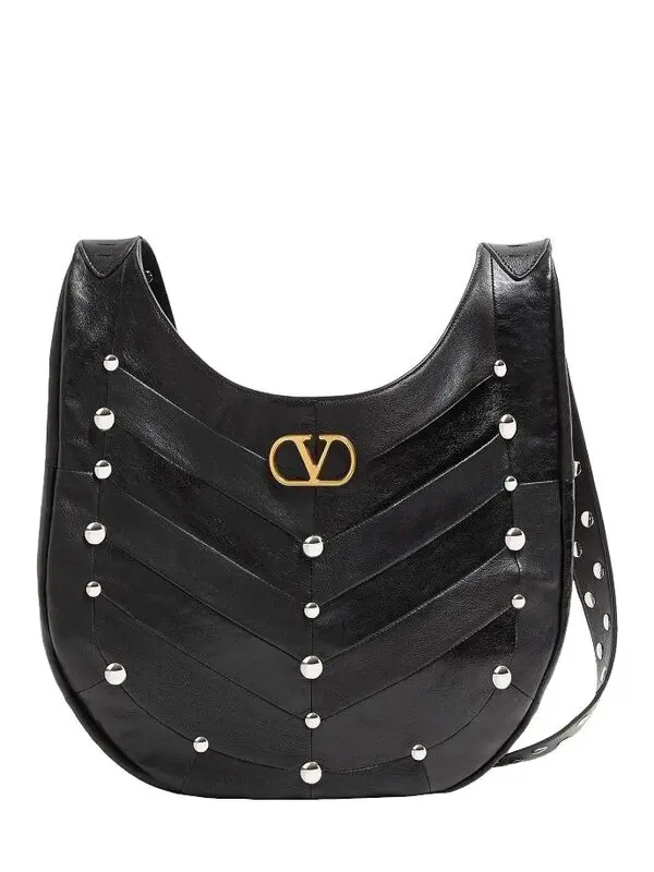 Valentino Garavani Hoboho Hobo Bag In Chevron Pattern Nappa Leather With Studs - Black
