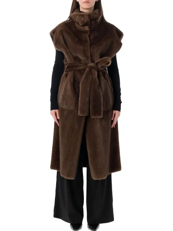STAND STUDIO Faux Fur Hooded Long Vest - Marrone