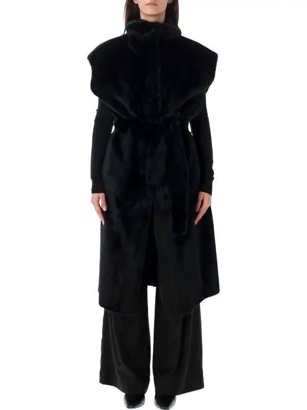 STAND STUDIO Faux Fur Belted Long Vest - Nero