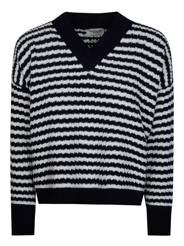 Max Mara Pure Wool V-neck Striped Sweater - Blu