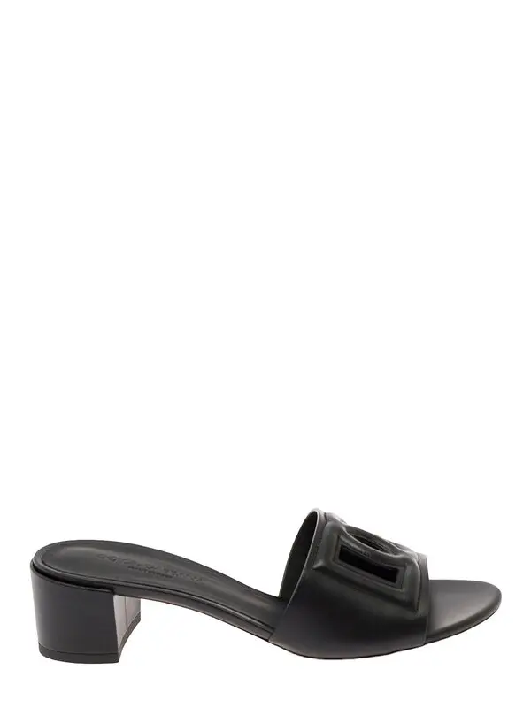 Dolce & Gabbana Low Heel Leather Flat Sandal With Dg Cut-out Detail - Black