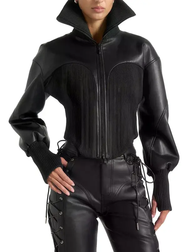 Manière De Voir Amani In Leather Funnel Neck Contour Jacket - Black