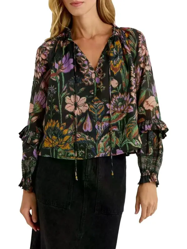 MARIE OLIVER Umika Floral-print Ruffled Blouse - Black