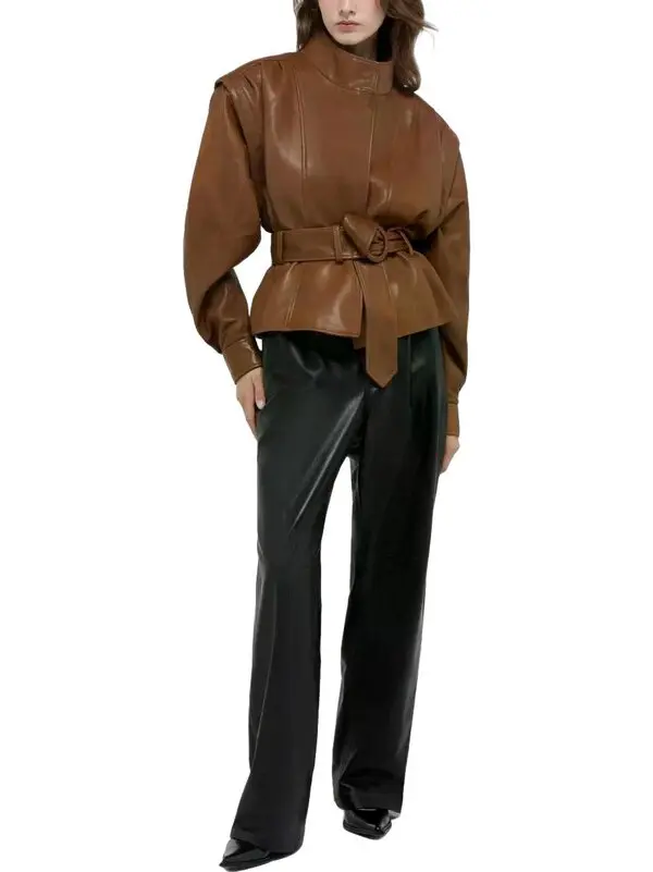 DUCIE Antonia Belted Leather Jacket - Brown