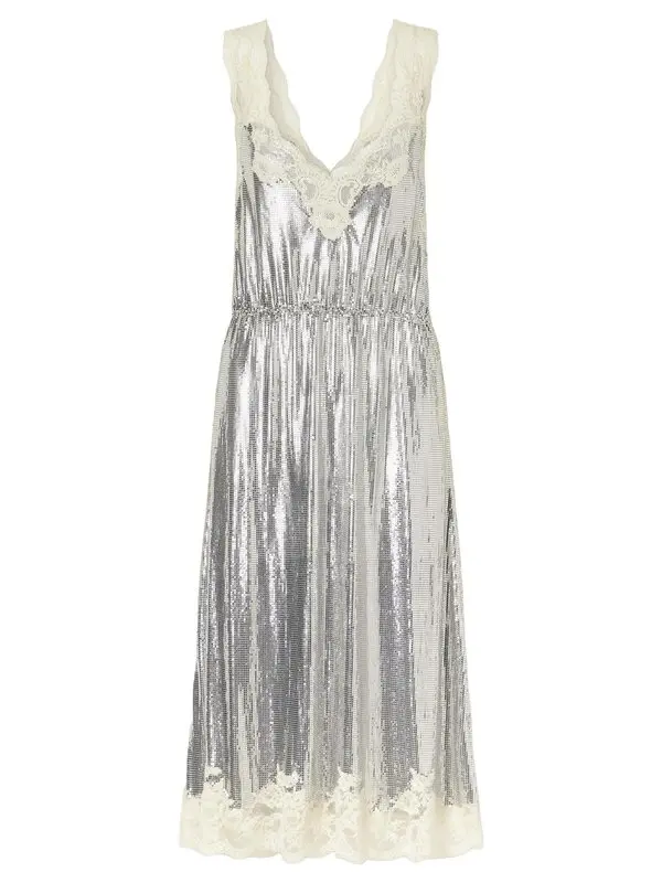Rabanne Lace-trimmed Chainmail Midi Dress - Silver