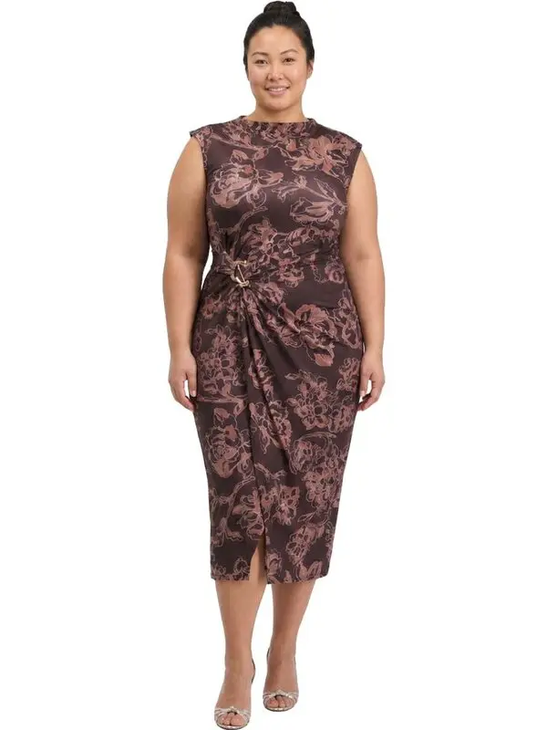 24SEVEN COMFORT APPAREL Elevate Curvy Cap Sleeve Twist Midi Dress - Brown Multi