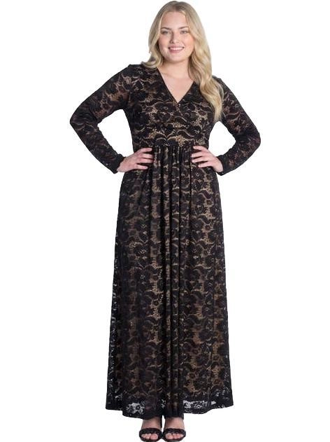 24SEVEN COMFORT APPAREL 24seven Comfort Elevate Curvy Elegant V Neck Long Sleeve Floral Lace Dress - Black