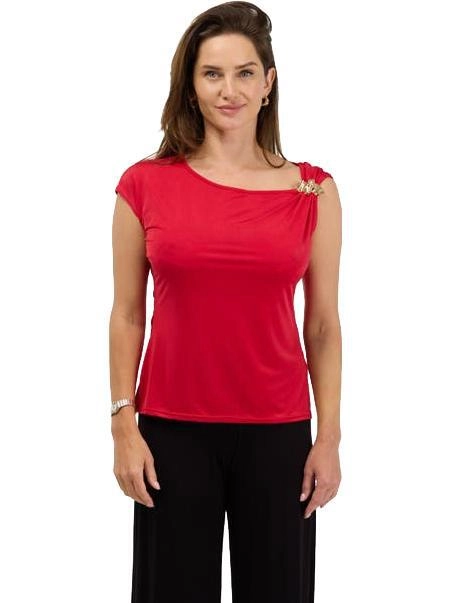 24SEVEN COMFORT APPAREL Elevate Cap Sleeve Asymmetrical Boat Neck Shoulder Brooch Top - Red