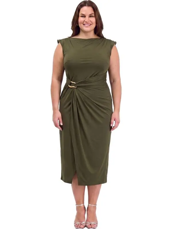 24SEVEN COMFORT APPAREL 24seven Comfort Elevate Curvy Cap Sleeve Twist Midi Dress - Olive