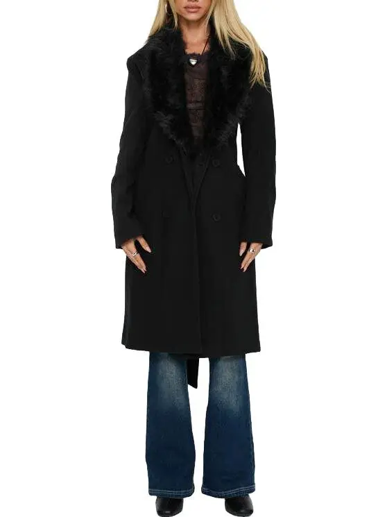 Princess Polly Hallyn Faux Fur Collar Belted Coat - Black