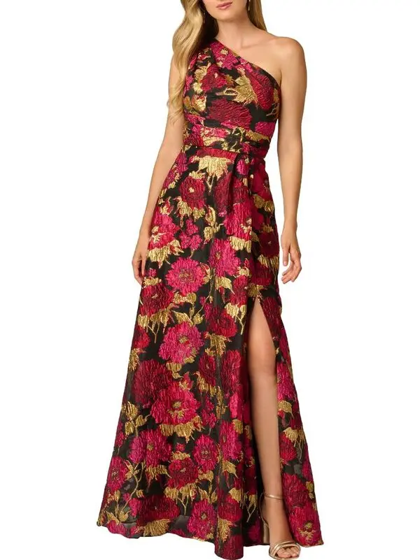 Adrianna Papell One-shoulder Floral Jacquard Gown - Black/pink Multi