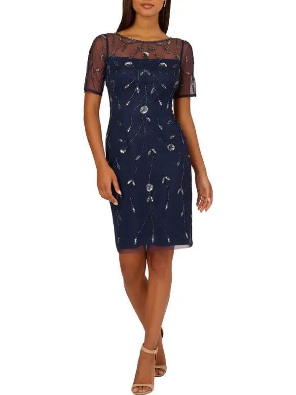 Adrianna Papell Beaded Mesh Sheath Dress - Light Navy