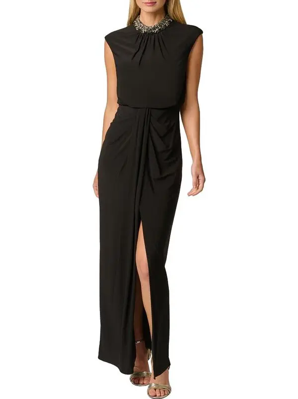Adrianna Papell Faux Pearl Mock Neck Jersey Gown - Black