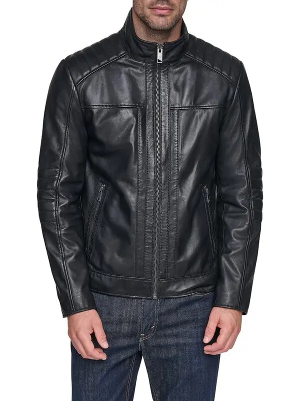 Andrew Marc Aged Leather Racer Jacket - Black