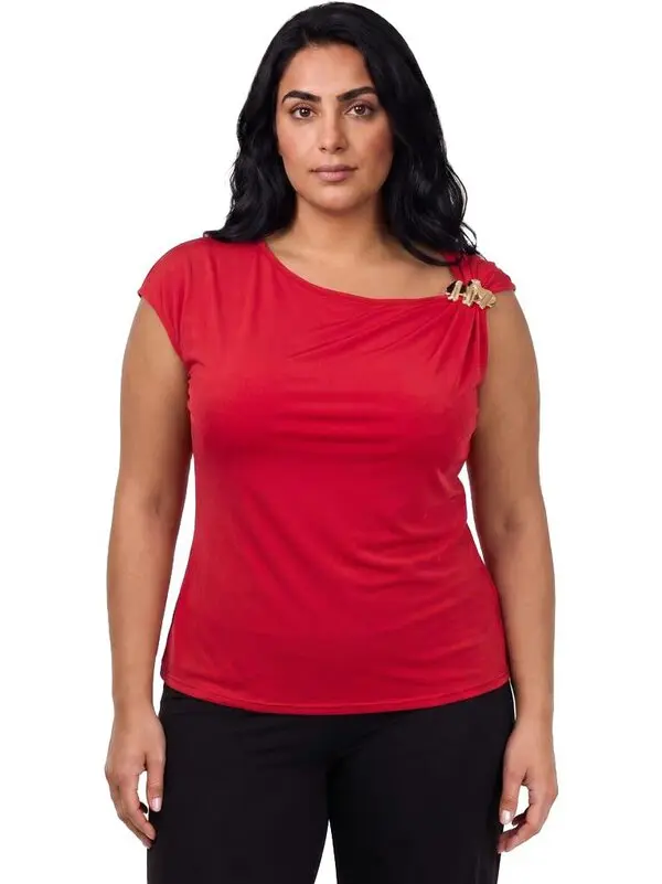 24SEVEN COMFORT APPAREL Elevate Curvy Cap Sleeve Asymmetrical Boat Neck Top - Red