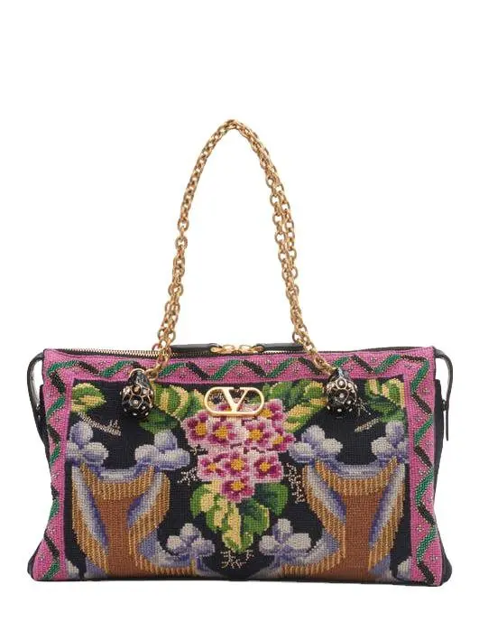Valentino Garavani Panthea Medium Embroidered Silk & Leather Shoulder Bag - Black Multi